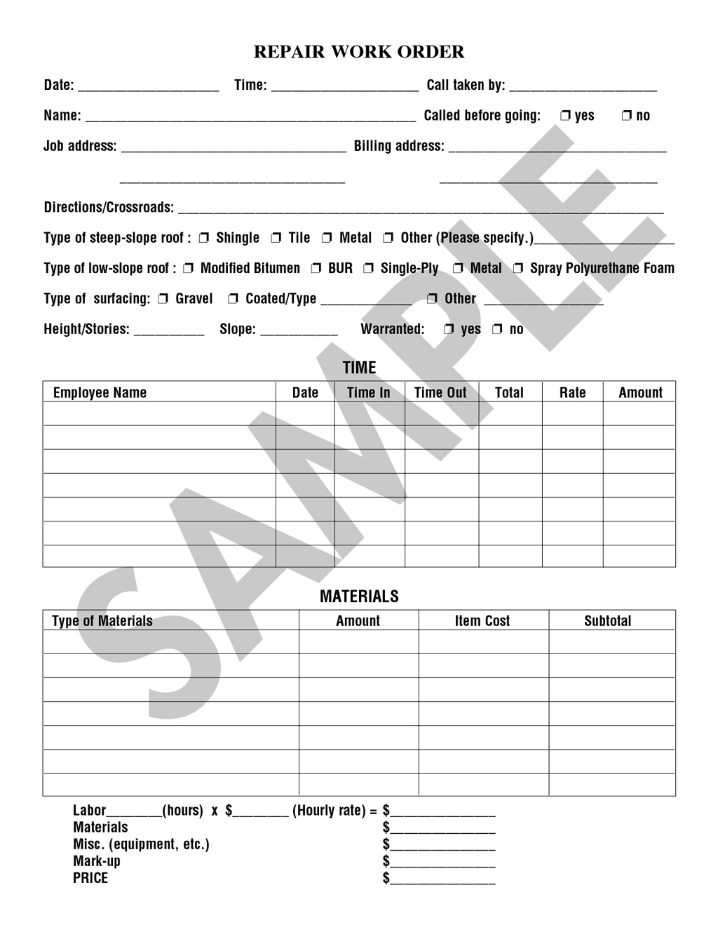 Repair Work Order Form (Electronic) - NRCA