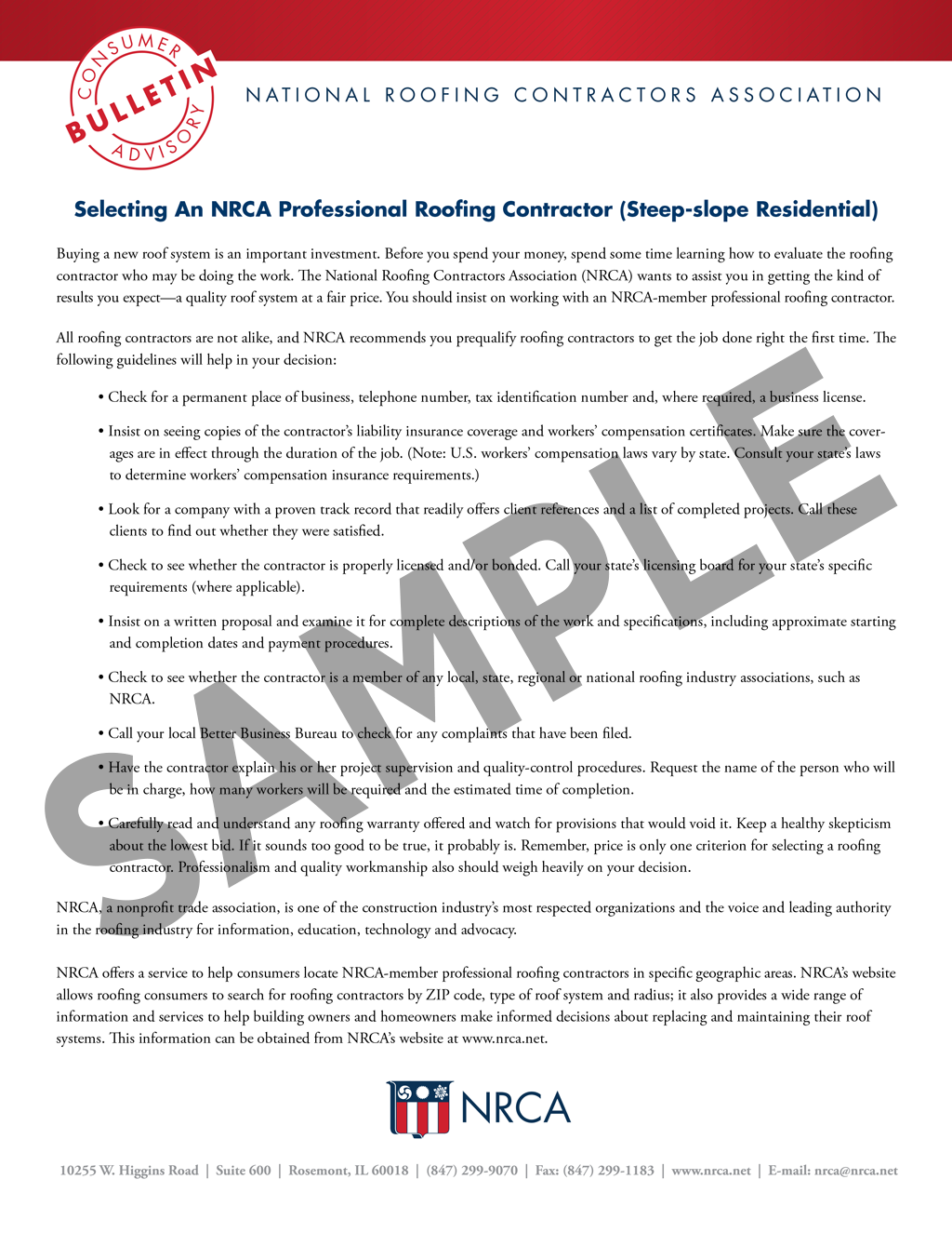 Consumer Advisory Bulletin, Issue 2 - Selecting An NRCA Professional ...